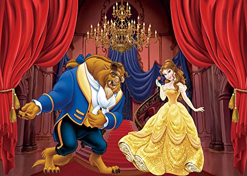 Beauty and The Beast Backdrop Palace Golden Chandelier Red Curtain Photography Background Princess Girl Baby Shower Birthday Party Studio Photo Decoration Props 5x3FT