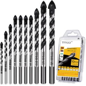 professional masonry drill bit set (10pcs) for glass/brick/plastic/cement/wood/tile/etc, industrial strength carbide drill bit tip, 1/8"-1/2" by titggi