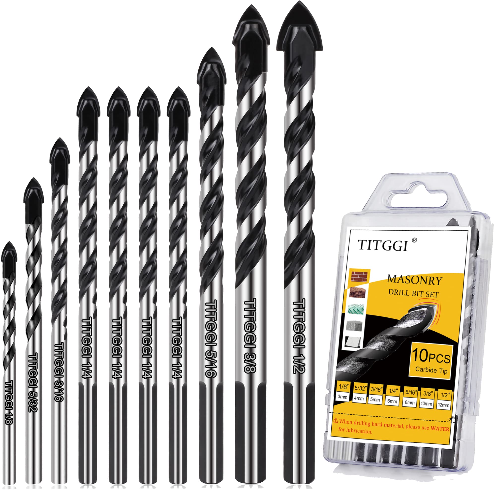 Professional Masonry Drill Bit Set (10PCS) for Glass/Brick/Plastic/Cement/Wood/Tile/Etc, Industrial Strength Carbide Drill Bit Tip, 1/8"-1/2" by TITGGI