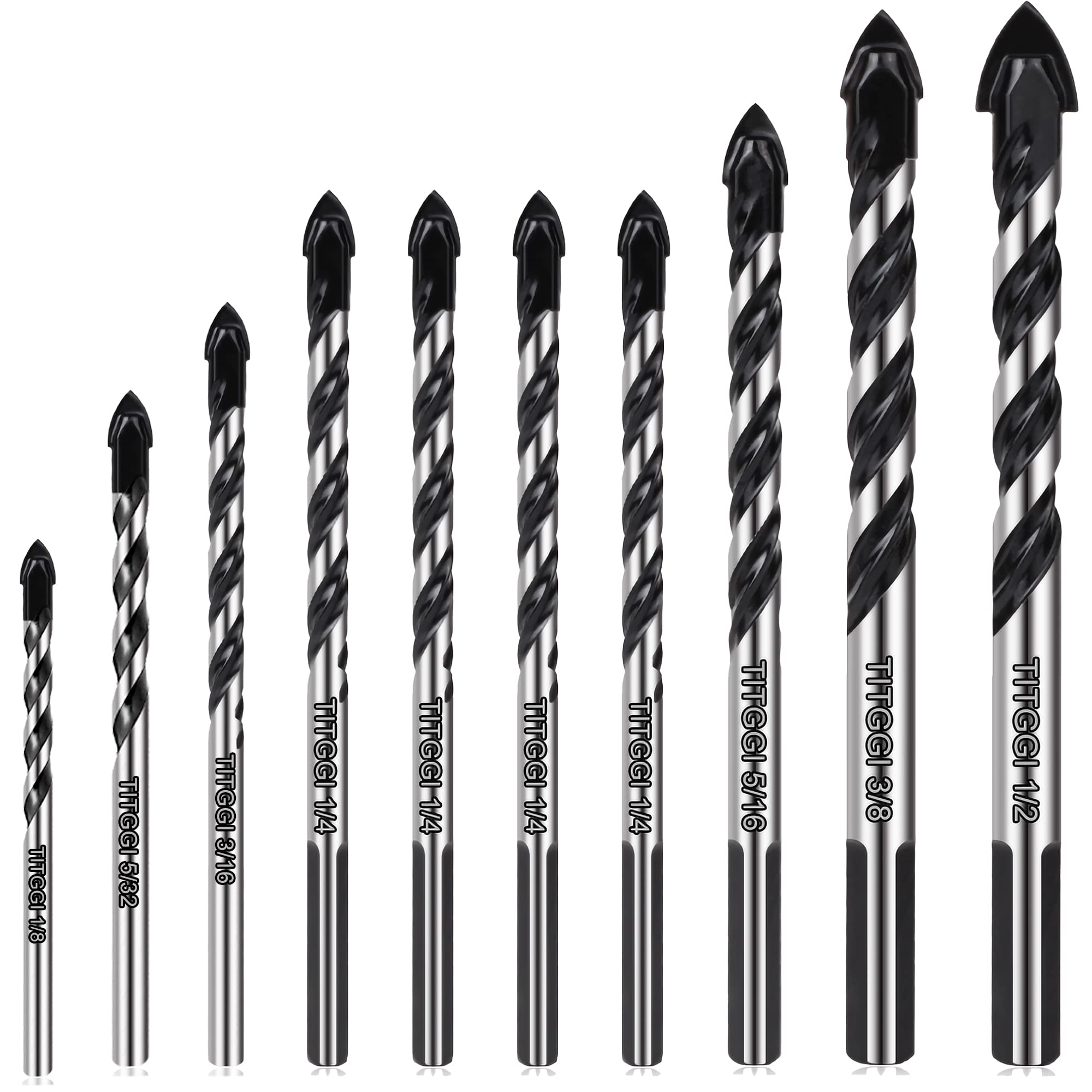 Professional Masonry Drill Bit Set (10PCS) for Glass/Brick/Plastic/Cement/Wood/Tile/Etc, Industrial Strength Carbide Drill Bit Tip, 1/8"-1/2" by TITGGI