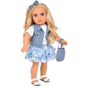 Gift Boutique 18 Inch Girl Doll, Fashion Doll with Fine Blond Long Hair for Styling, Blue Eyes, Floral Outfit Denim Jacket Sandals Boots Hair Bow Handbag, Doll Clothes & Accessories for Girls and Kids