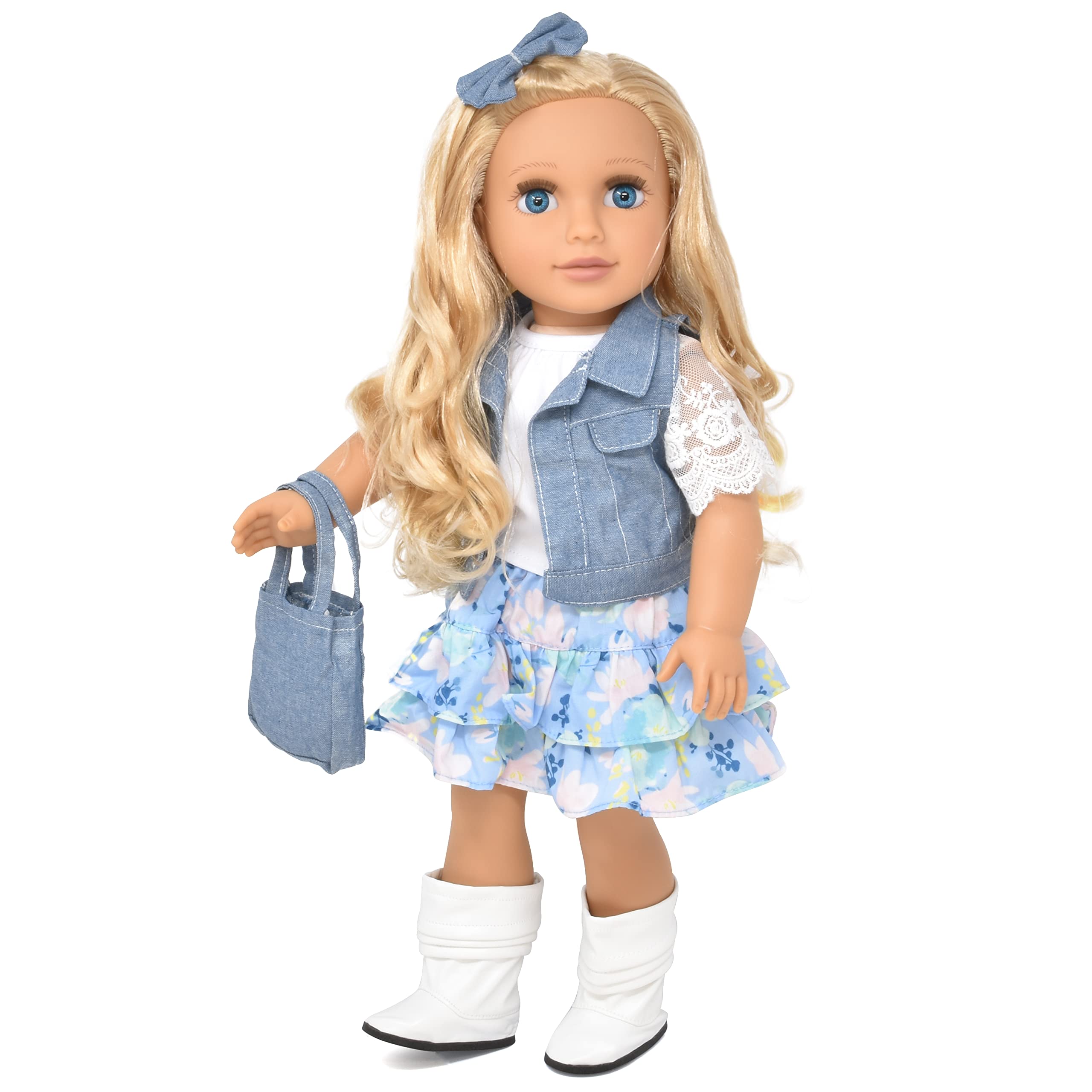 Gift Boutique 18 Inch Girl Doll, Fashion Doll with Fine Blond Long Hair for Styling, Blue Eyes, Floral Outfit Denim Jacket Sandals Boots Hair Bow Handbag, Doll Clothes & Accessories for Girls and Kids