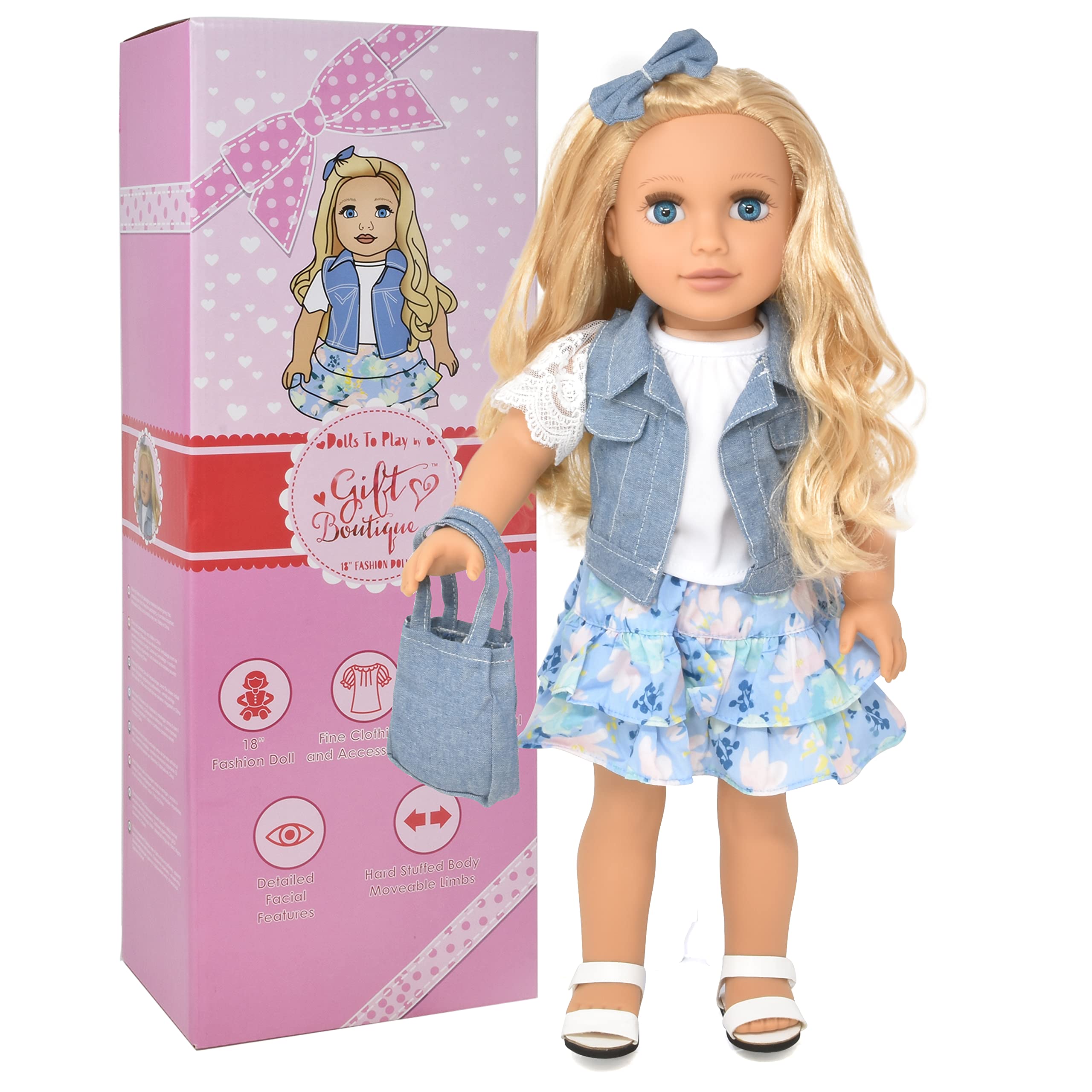 Gift Boutique 18 Inch Girl Doll, Fashion Doll with Fine Blond Long Hair for Styling, Blue Eyes, Floral Outfit Denim Jacket Sandals Boots Hair Bow Handbag, Doll Clothes & Accessories for Girls and Kids