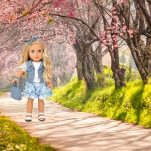 Gift Boutique 18 Inch Girl Doll, Fashion Doll with Fine Blond Long Hair for Styling, Blue Eyes, Floral Outfit Denim Jacket Sandals Boots Hair Bow Handbag, Doll Clothes & Accessories for Girls and Kids