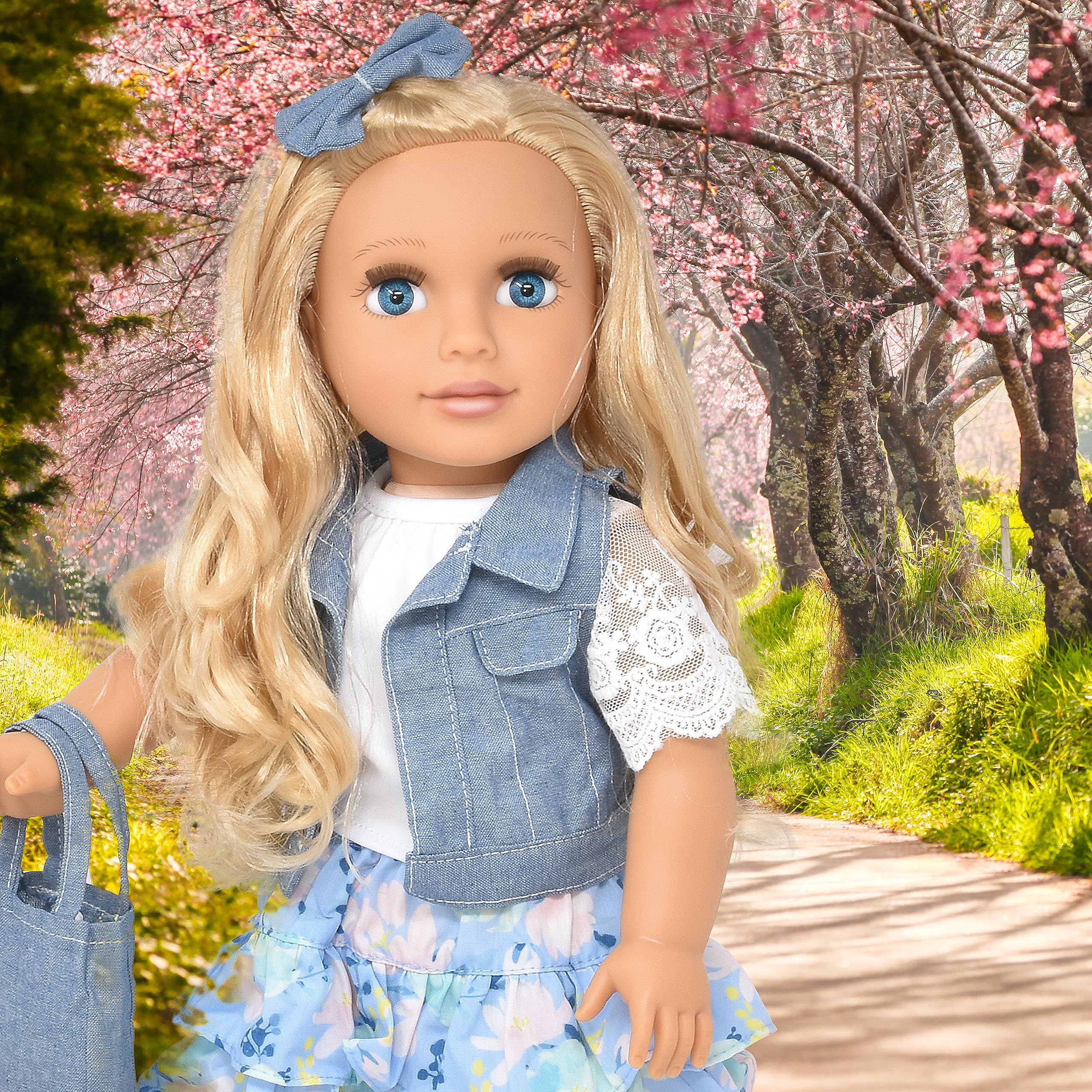 Gift Boutique 18 Inch Girl Doll, Fashion Doll with Fine Blond Long Hair for Styling, Blue Eyes, Floral Outfit Denim Jacket Sandals Boots Hair Bow Handbag, Doll Clothes & Accessories for Girls and Kids