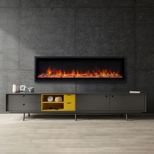 Kennedy II 60 Inch WiFi-Enabled Electric Fireplace, Wall Mount and Insert, Slim Modern Electric Fireplace Insert, Multicolor Realistic Flame, Touch Screen, Remote Control, Logs and Crystals, Black