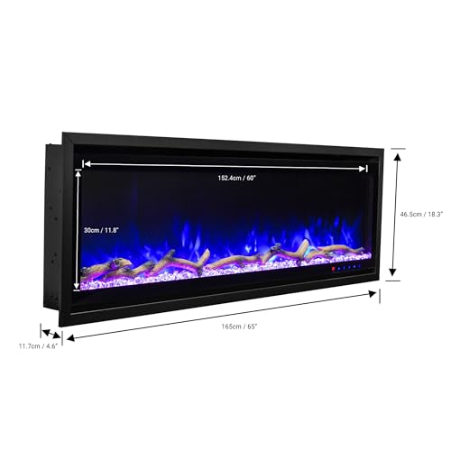 Kennedy II 60 Inch WiFi-Enabled Electric Fireplace, Wall Mount and Insert, Slim Modern Electric Fireplace Insert, Multicolor Realistic Flame, Touch Screen, Remote Control, Logs and Crystals, Black