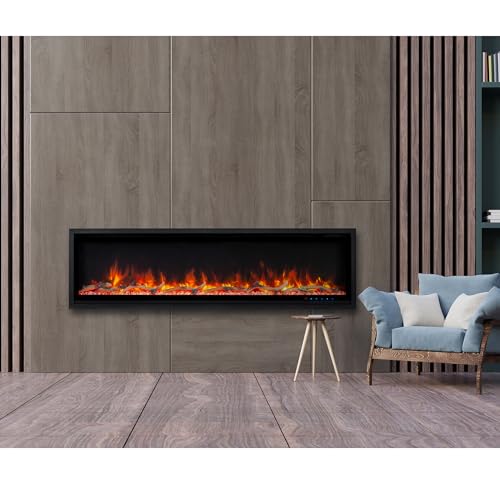 Kennedy II 60 Inch WiFi-Enabled Electric Fireplace, Wall Mount and Insert, Slim Modern Electric Fireplace Insert, Multicolor Realistic Flame, Touch Screen, Remote Control, Logs and Crystals, Black