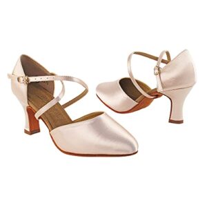 very fine melody women's smooth latin ballroom dance shoes 2.5" spool heel flesh satin us size 7.5