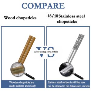 Metal Chopsticks 18/10 Stainless Steel Reusable Chopsticks Cute Laser Engraved Non-slip Korean Japanese Chinese Chopsticks,18/10 Stainless steel Dishwasher Safe for Cooking Eating 9 1/4 Inches 5 Pairs