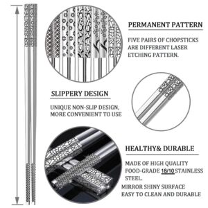 Metal Chopsticks 18/10 Stainless Steel Reusable Chopsticks Cute Laser Engraved Non-slip Korean Japanese Chinese Chopsticks,18/10 Stainless steel Dishwasher Safe for Cooking Eating 9 1/4 Inches 5 Pairs