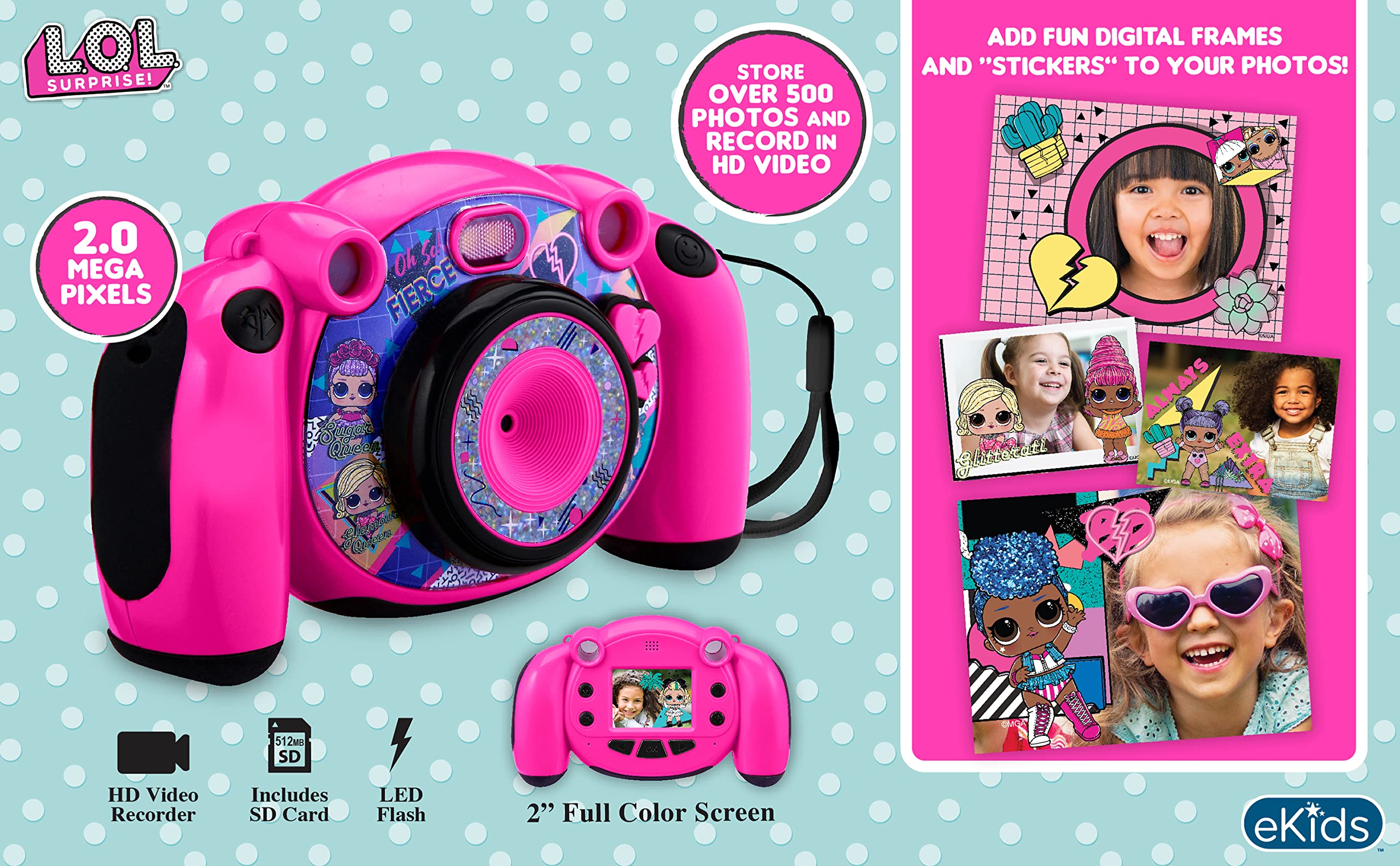 ekids LOL Surprise Kids Camera with SD Card, Digital Camera for Kids with HD Video Camera, Built-in Digital Stickers for Fans of LOL Toys for Girls Pink