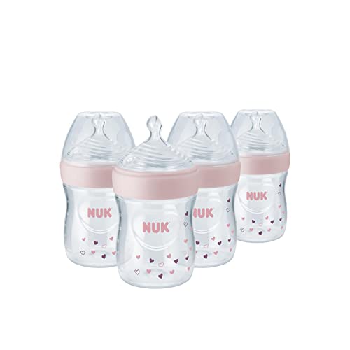 NUK Simply Natural Baby Bottle with SafeTemp, 5 oz, 4 Pack, Pink Hearts