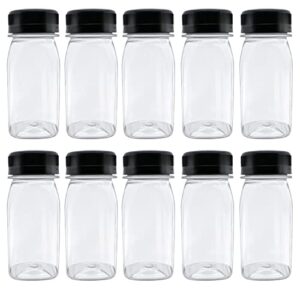 MYYZMY 10 Pcs 4 Ounce Plastic Juice Bottles, Reusable Bulk Beverage Containers for Juice, Milk and Other Beverages, Black lid