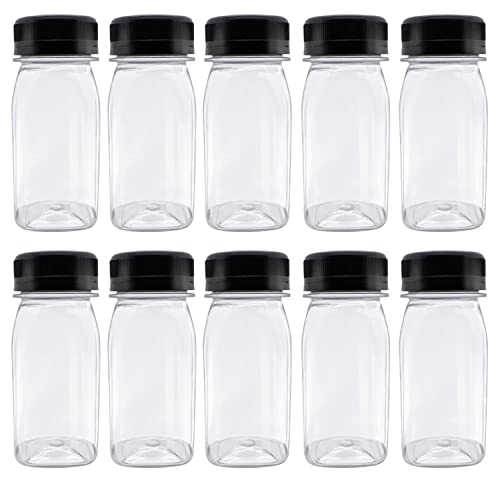 MYYZMY 10 Pcs 4 Ounce Plastic Juice Bottles, Reusable Bulk Beverage Containers for Juice, Milk and Other Beverages, Black lid