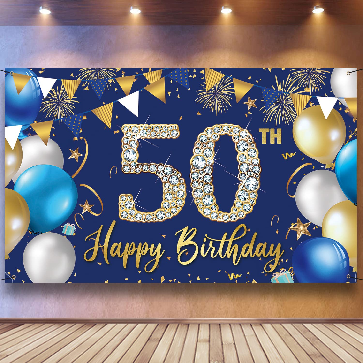 50th Birthday Decorations Backdrop for Men, Happy 50th Birthday Decorations Men, Blue Birthday Photography Background, 50 Year Old Birthday Party Sign Poster Photo Props Fabric 6.1ft x 3.6ft PHXEY