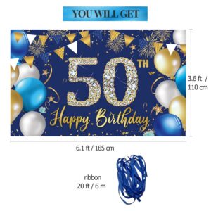 50th Birthday Decorations Backdrop for Men, Happy 50th Birthday Decorations Men, Blue Birthday Photography Background, 50 Year Old Birthday Party Sign Poster Photo Props Fabric 6.1ft x 3.6ft PHXEY