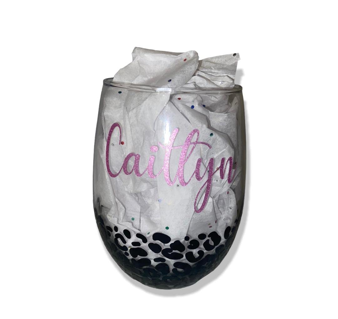 Jemley Personalized Gifts | Wine Glass Leopard Print Custom Name | Personalized Gift for Her | Cheetah Stemless Wine Glass 20oz - Handmade