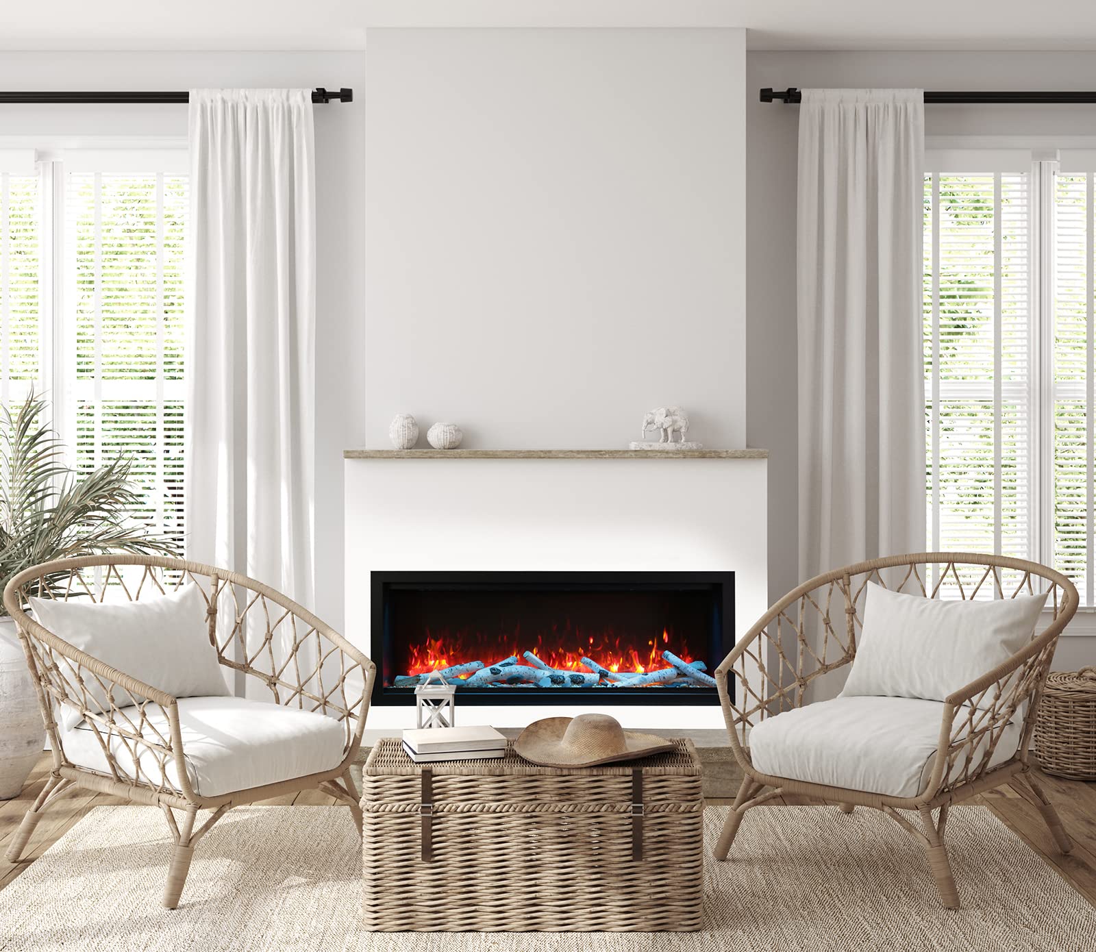 Amantii SYM-60-XT-BESPOKE Symmetry Extra Tall Bespoke 60 Inch Recessed Indoor Outdoor Electric Fireplace, WiFi Bluetooth Speaker Available, with Trim and Ice Media