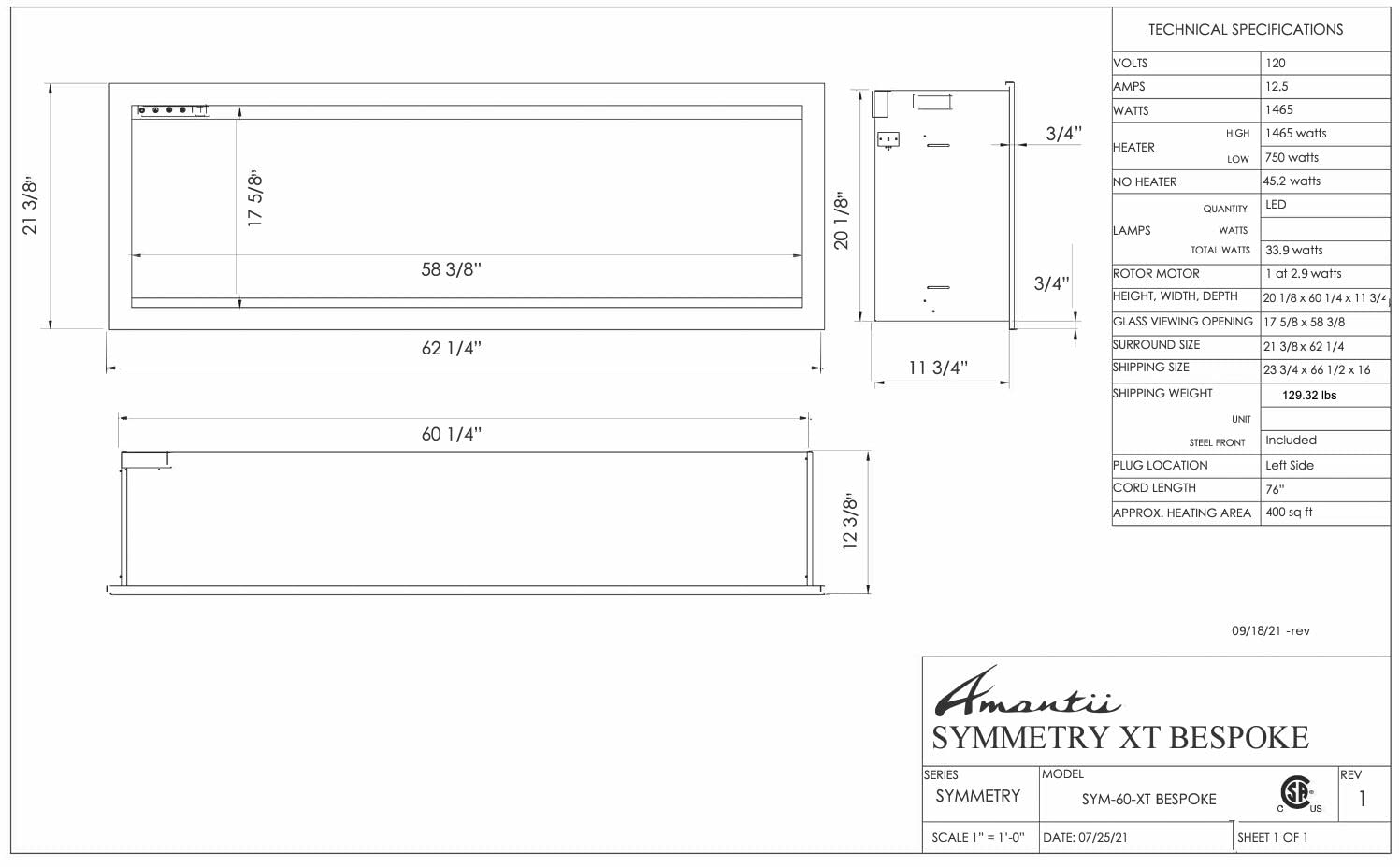 Amantii SYM-60-XT-BESPOKE Symmetry Extra Tall Bespoke 60 Inch Recessed Indoor Outdoor Electric Fireplace, WiFi Bluetooth Speaker Available, with Trim and Ice Media