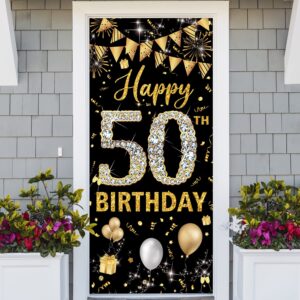 50th Birthday Decorations Door Banner, Black Gold Happy 50th Birthday Decorations Women Men, Door Cover Sign Poster Decor, 50 Year Old Birthday Party Photo Props Backdrop, Fabric 6.1ft x 3ft PHXEY