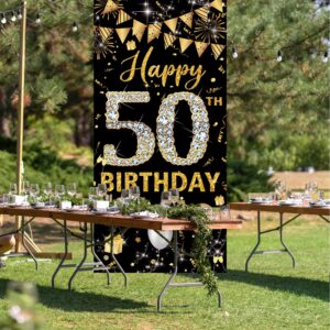 50th Birthday Decorations Door Banner, Black Gold Happy 50th Birthday Decorations Women Men, Door Cover Sign Poster Decor, 50 Year Old Birthday Party Photo Props Backdrop, Fabric 6.1ft x 3ft PHXEY