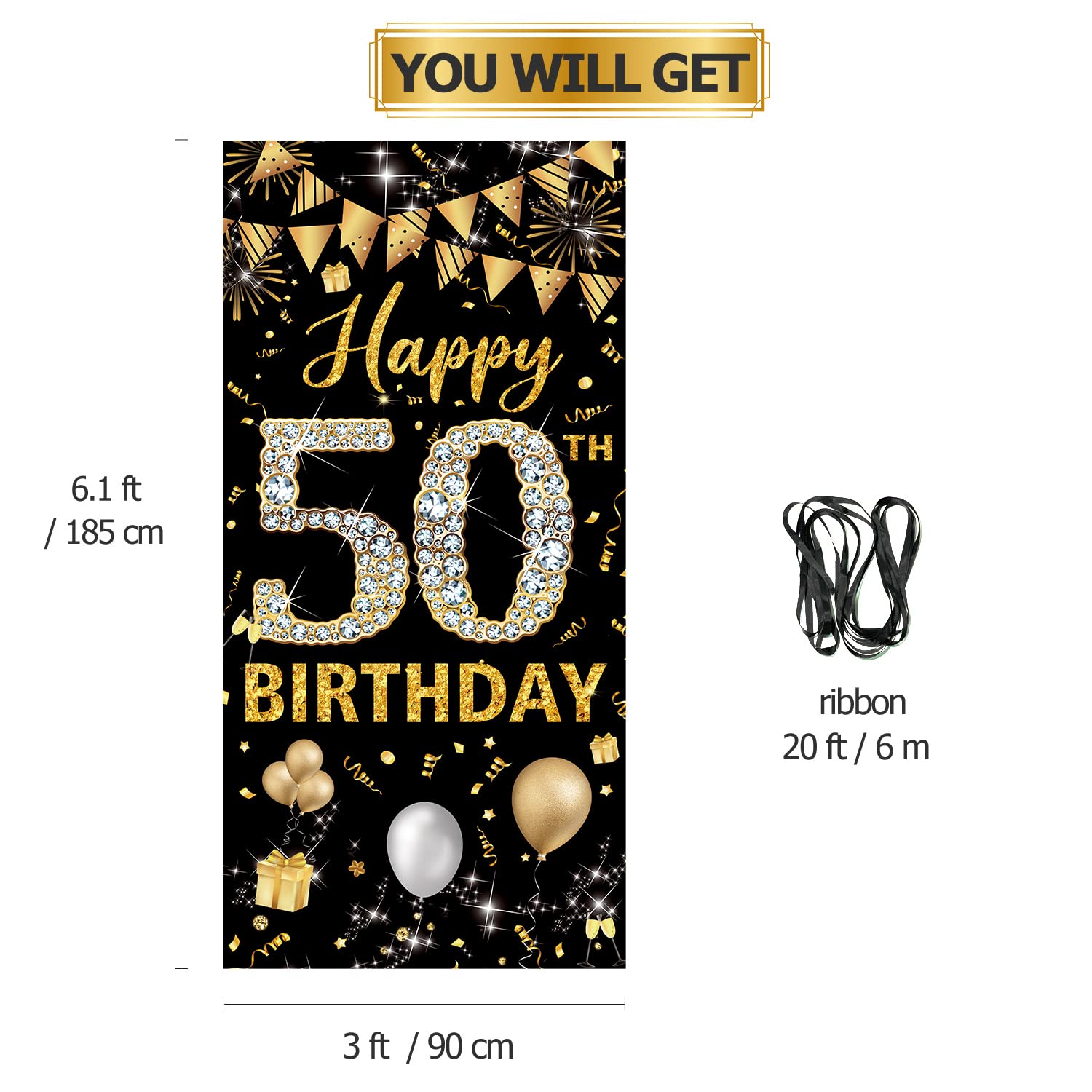 50th Birthday Decorations Door Banner, Black Gold Happy 50th Birthday Decorations Women Men, Door Cover Sign Poster Decor, 50 Year Old Birthday Party Photo Props Backdrop, Fabric 6.1ft x 3ft PHXEY