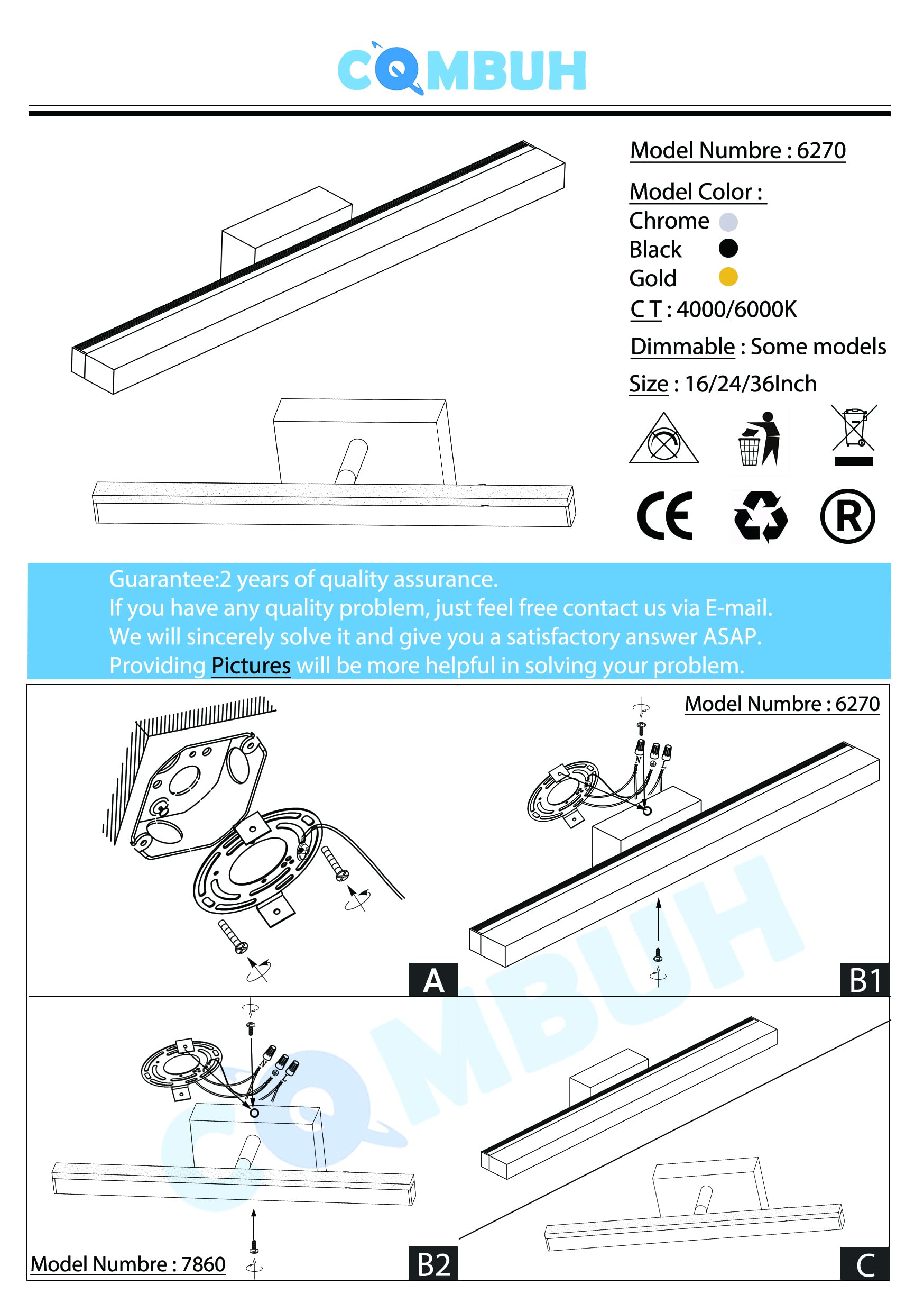 Combuh LED Bathroom Vanity Light Bar Dimmable IP44 Over Mirror Lighting Fixture 16Inch Wall Sconces Indoor 9W Modern Cool White 6000K Black