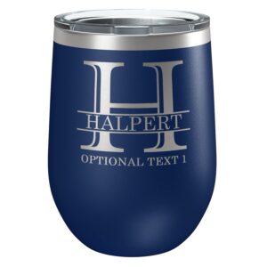 personalized 12oz (17 colors) powder coated stainless steel stemless wine tumbler with lid, custom etched, customized wine gift for women her, wine lover, halpert monogram initial name (navy blue)