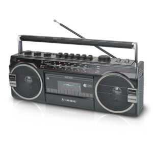 audiobox rxc-25bt retrobox 2 way speaker system boombox w/bluetooth connectivity, am/fm/sw radio, usb and sd card connection, & cassette player, black