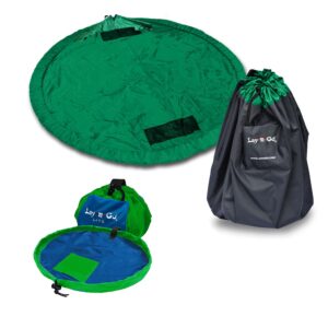 lay-n-go 2-in-1 small portable drawstring toys storage organizer and play mat for room and travel, made for kids and toddlers with a durable patented design, 18 inch, green/blue + 60" green