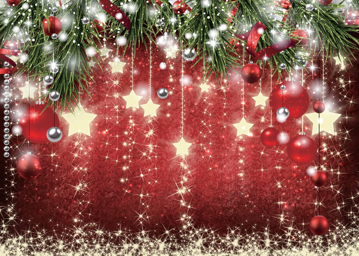 SJOLOON Christmas Backdrops Red Ball Theme Background Shining Stars Background New Year Backdrop for Christmas Party Decoration Banner Photo Shoot 12364 (7x5FT)