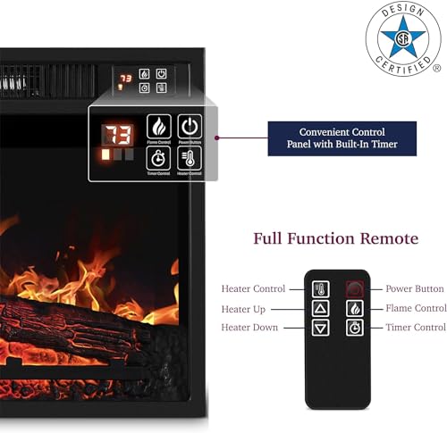 LGHM 23" Electric Fireplace, 3DInfrared Black Fireplace Electric Insert Heater, with Wireless Remote Control, Glass View, Adjustable Realistic Logs & Flames, Indoor, 1400w