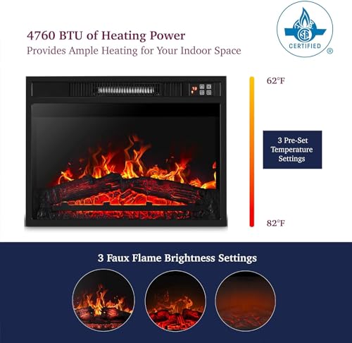 LGHM 23" Electric Fireplace, 3DInfrared Black Fireplace Electric Insert Heater, with Wireless Remote Control, Glass View, Adjustable Realistic Logs & Flames, Indoor, 1400w