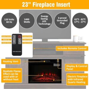 LGHM 23" Electric Fireplace, 3DInfrared Black Fireplace Electric Insert Heater, with Wireless Remote Control, Glass View, Adjustable Realistic Logs & Flames, Indoor, 1400w