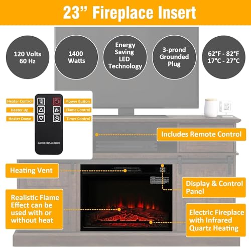 LGHM 23" Electric Fireplace, 3DInfrared Black Fireplace Electric Insert Heater, with Wireless Remote Control, Glass View, Adjustable Realistic Logs & Flames, Indoor, 1400w