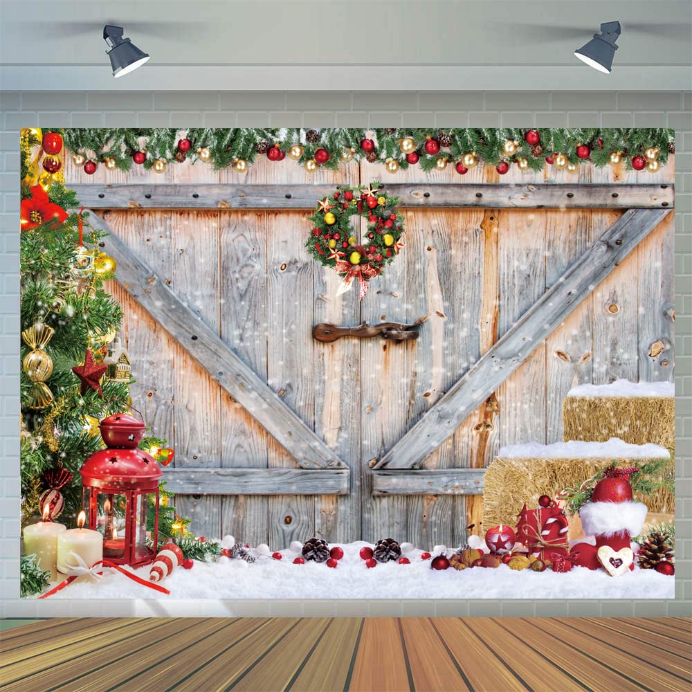 CYLYH 7x5ft Christmas Backdrop Christmas Barn Wood Door Backdrop for Photography Xmas Tree Snow Gift Party Photo Background Family Holiday Decorations Backdrop D552