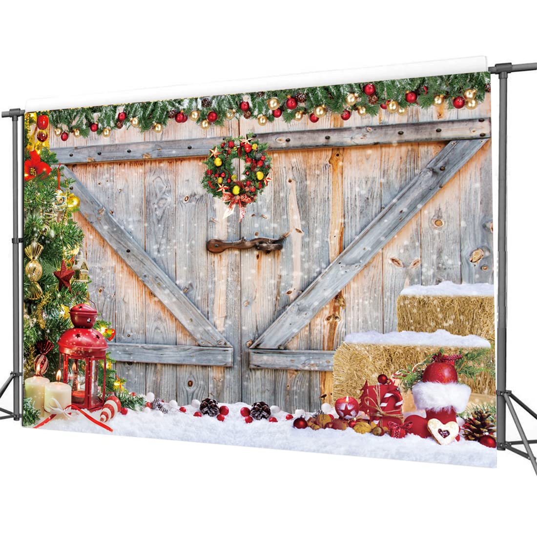 CYLYH 7x5ft Christmas Backdrop Christmas Barn Wood Door Backdrop for Photography Xmas Tree Snow Gift Party Photo Background Family Holiday Decorations Backdrop D552