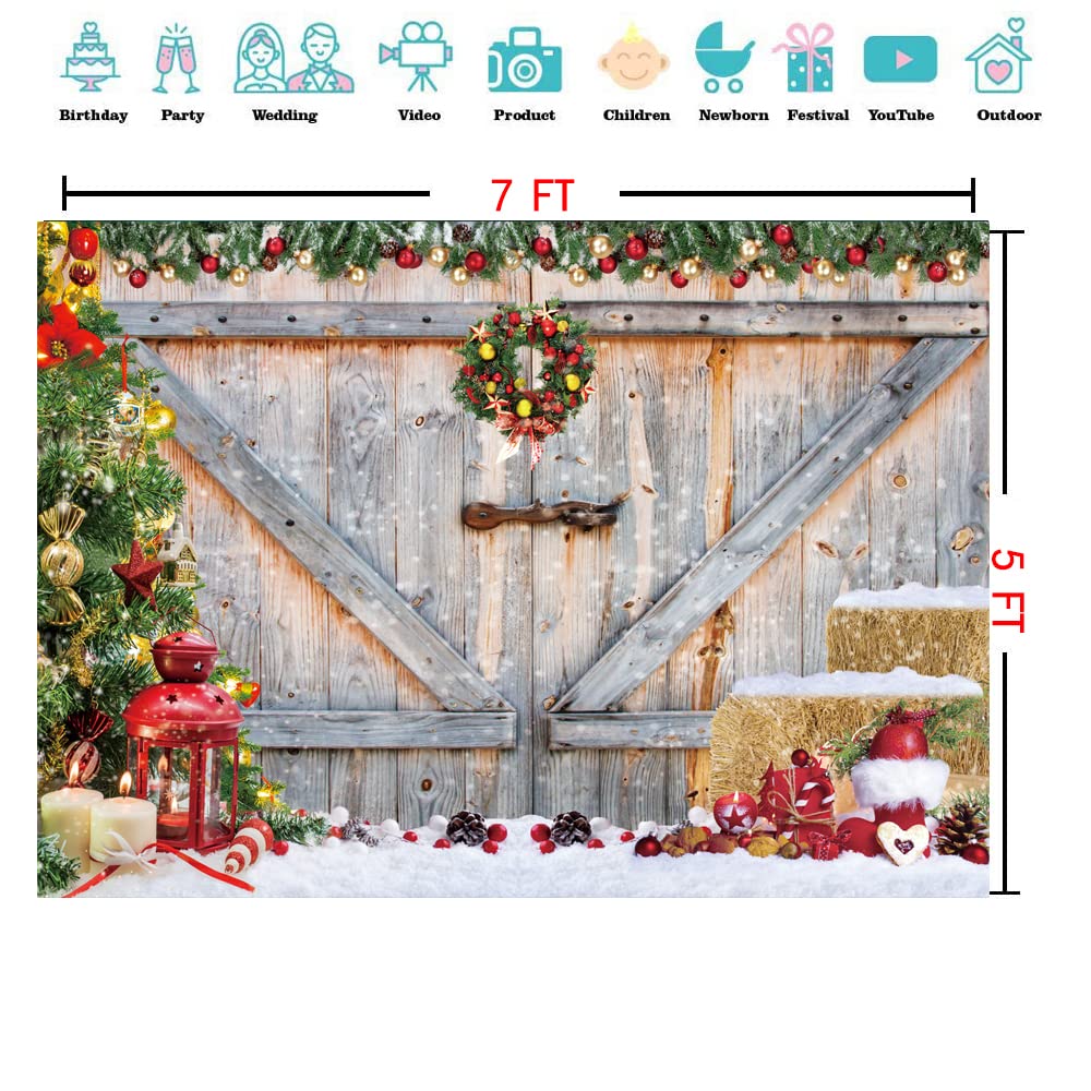 CYLYH 7x5ft Christmas Backdrop Christmas Barn Wood Door Backdrop for Photography Xmas Tree Snow Gift Party Photo Background Family Holiday Decorations Backdrop D552