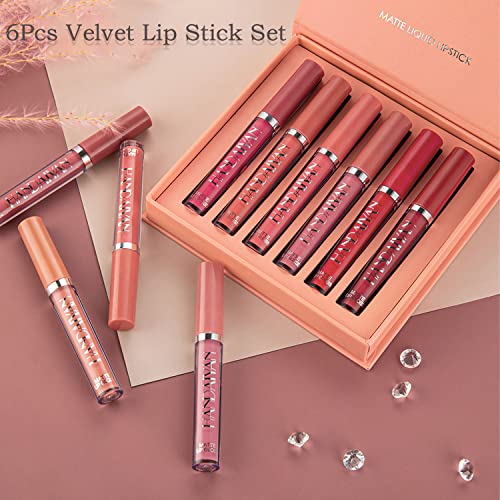 6pcs Matte Liquid Lipstick Set, Nude Lipsticks Makeup Kit for Women, Velvet Lip Gloss Waterproof Non-Stick Cup Labiales Mate 24 Horas (Set A)