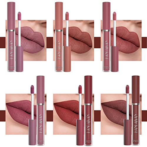 6pcs Matte Liquid Lipstick Set, Nude Lipsticks Makeup Kit for Women, Velvet Lip Gloss Waterproof Non-Stick Cup Labiales Mate 24 Horas (Set A)