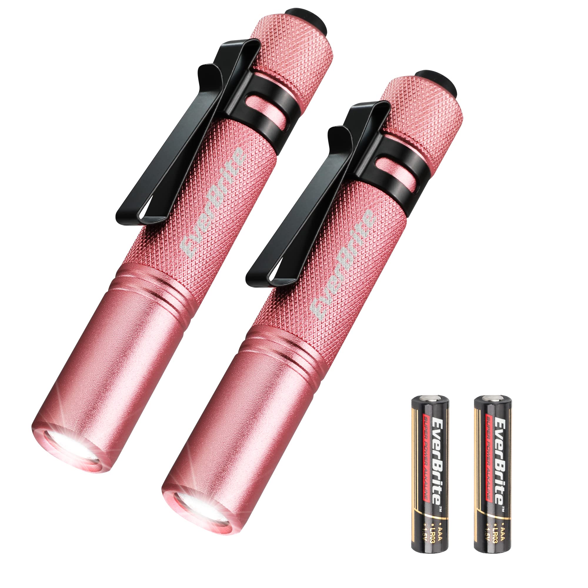 EverBrite LED Pocket Pen Light Flashlight, 2-Pack Small Mini Penlight with High Lumens and 3 Modes, AAA Battery Included, Compact Flashlights for Inspection, Repairing and Outdoor, Pink