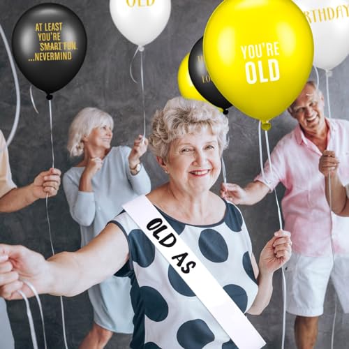 36 Pcs Holy Shit You're Old Banner Birthday Decoration Gold Glitter Banner Old As Shit White Sash Over The Hill Hanging Swirls Black and Gold Balloons Funny Old Age Birthday Retirement Party Supplies