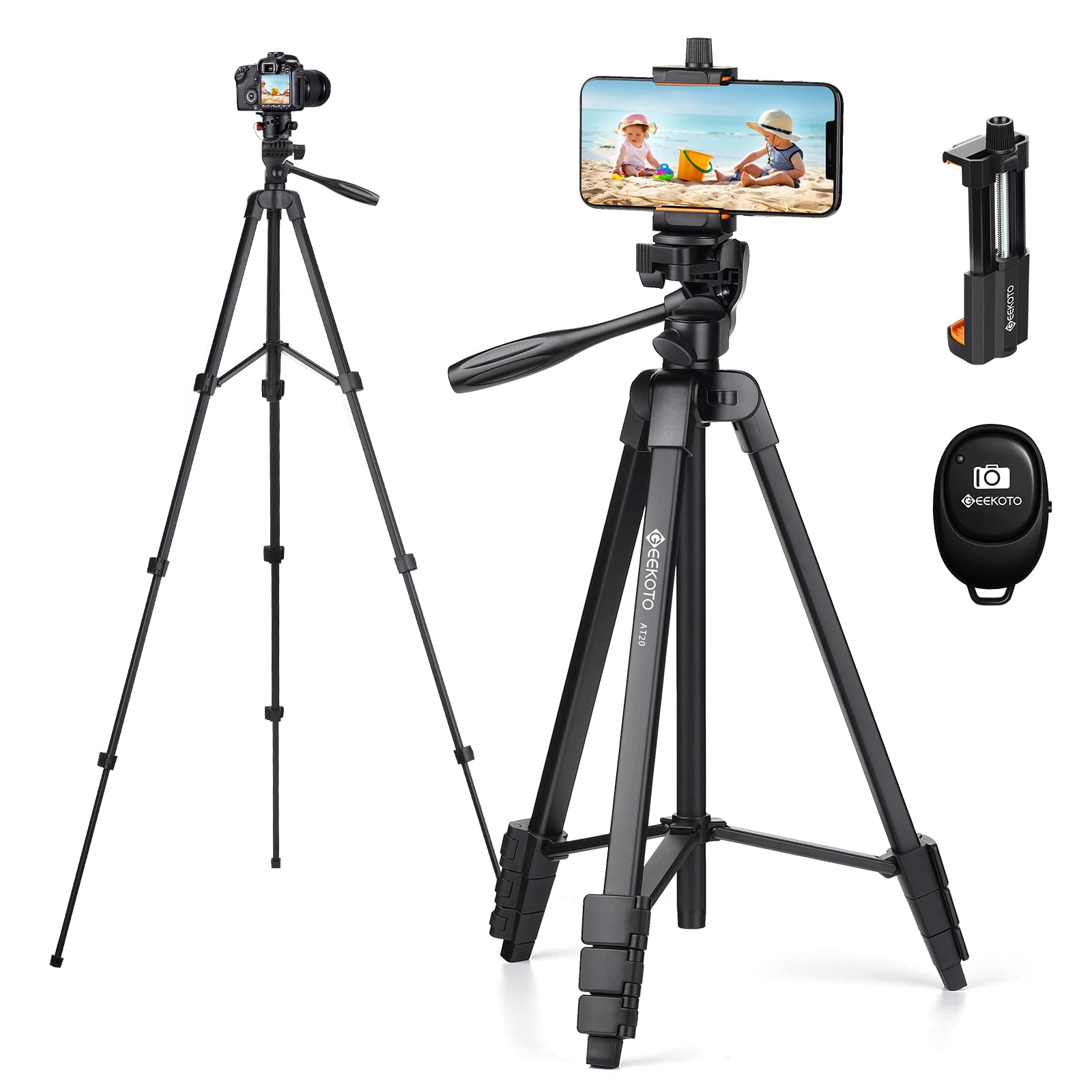 GEEKOTO Phone Tripod,55 inches Aluminum Camera/Mobile Phone Tripod with Carrying Bag with a Maximum Load of 6.6 pounds,Portable Tripod for Photography and Video Recording Black