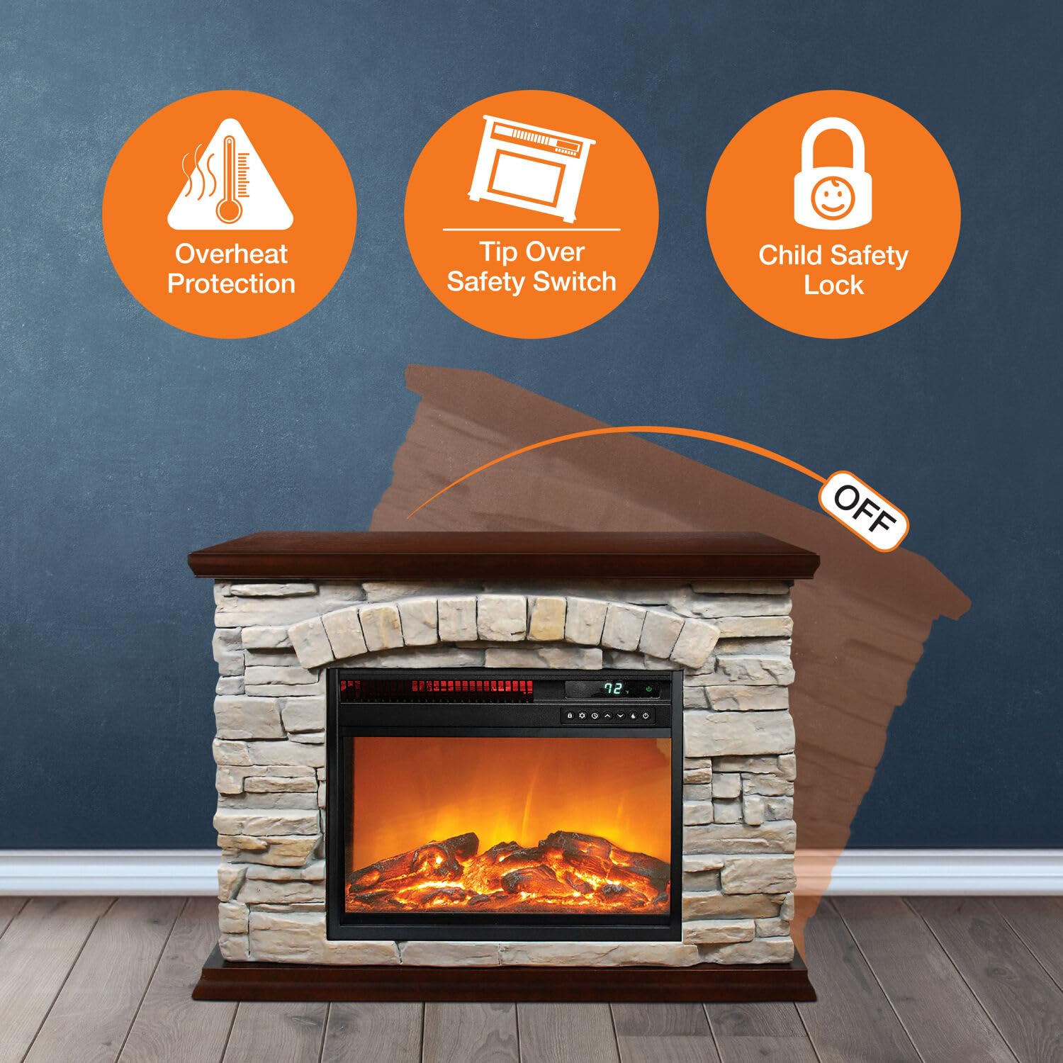 Lifesmart Large Square Infrared Faux Stone Fireplace, Fake Fireplace Heater with Mantel and Adjustable Settings for Living Room, Bedroom