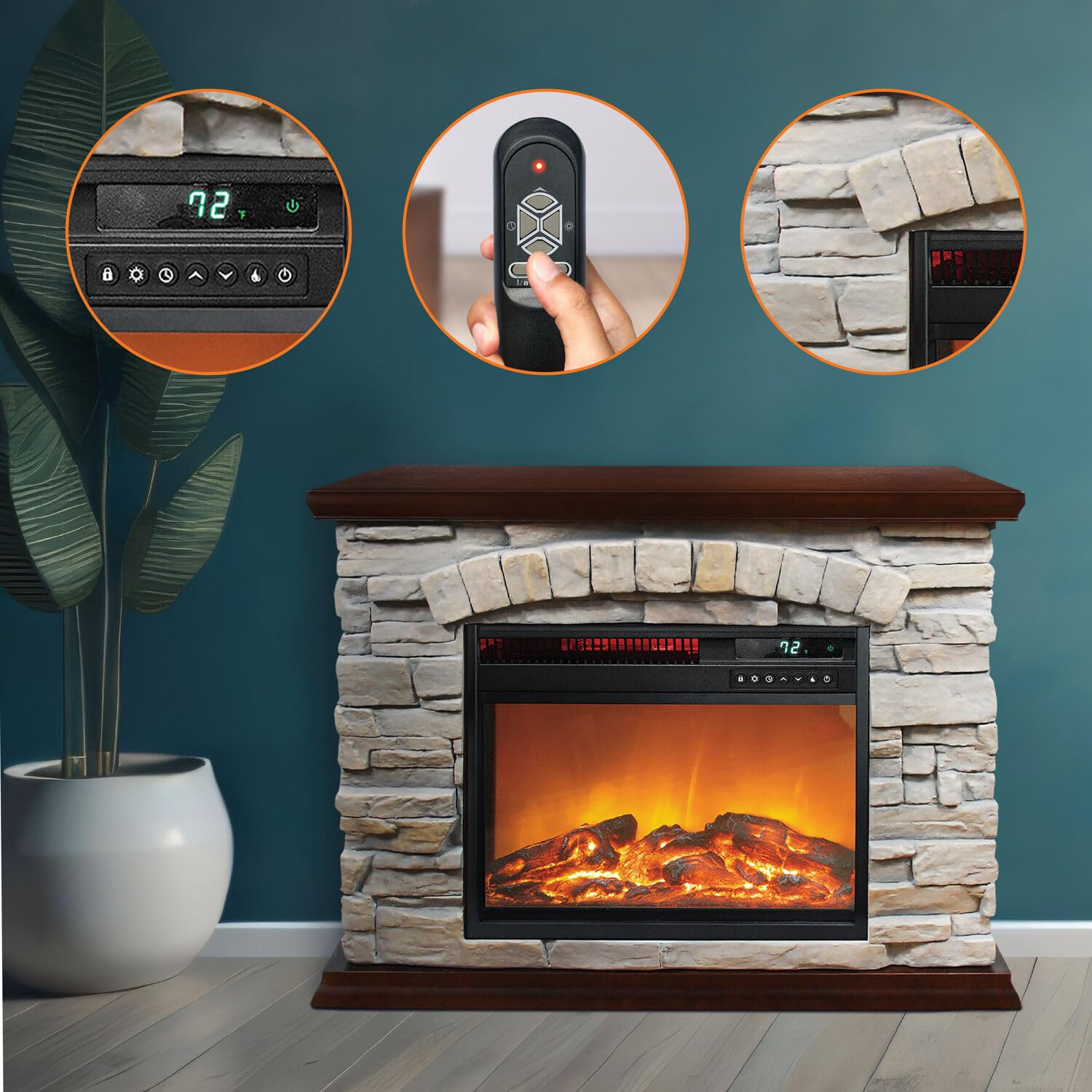 Lifesmart Large Square Infrared Faux Stone Fireplace, Fake Fireplace Heater with Mantel and Adjustable Settings for Living Room, Bedroom