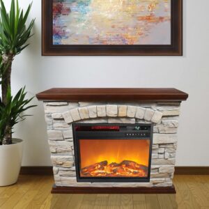 Lifesmart Large Square Infrared Faux Stone Fireplace, Fake Fireplace Heater with Mantel and Adjustable Settings for Living Room, Bedroom