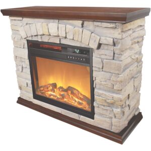 Lifesmart Large Square Infrared Faux Stone Fireplace, Fake Fireplace Heater with Mantel and Adjustable Settings for Living Room, Bedroom