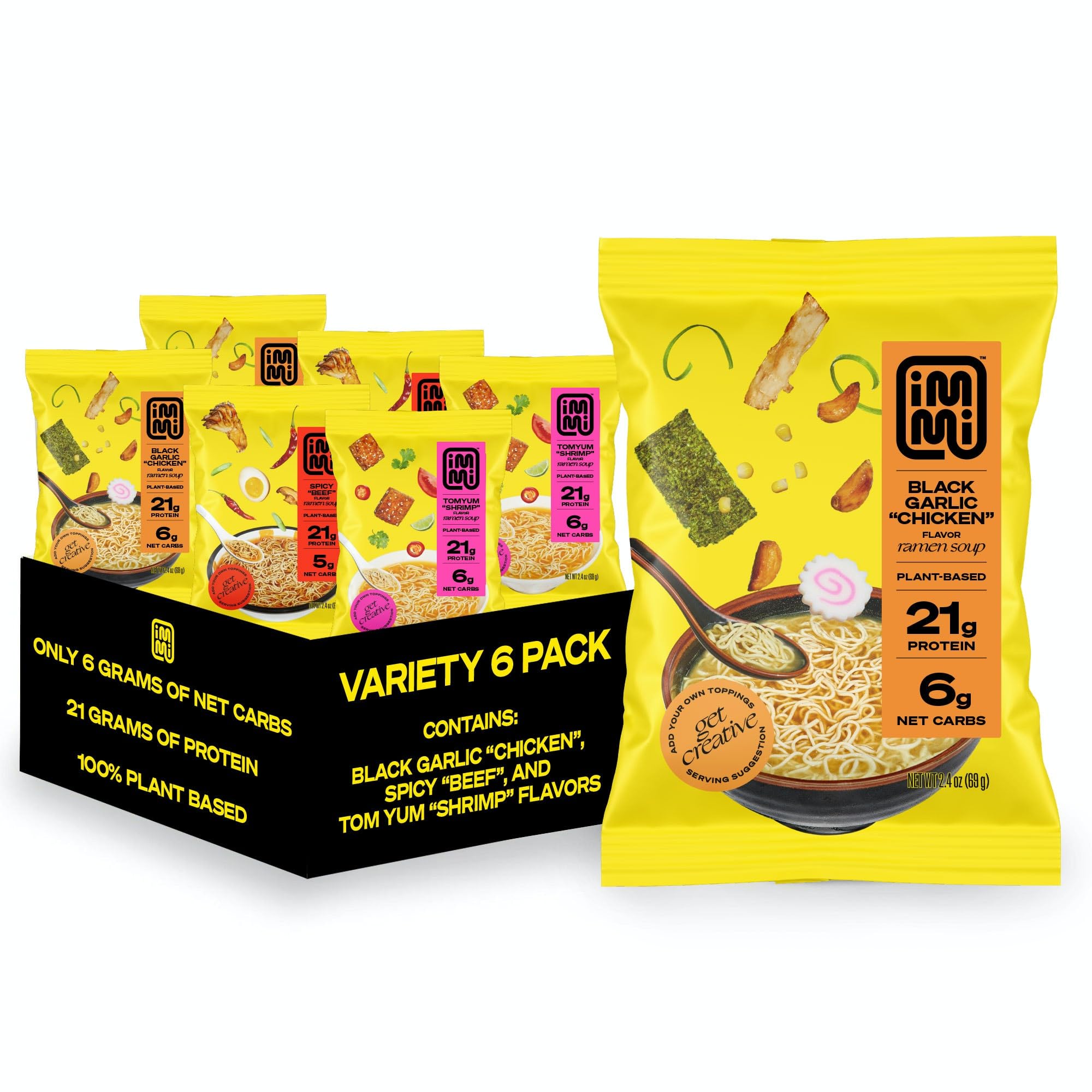 immi Variety Pack Ramen, Black Garlic "Chicken", Tom Yum "Shrimp", Spicy "Beef", 100% Plant Based, Keto Friendly, High Protein, Low Carb, Packaged Noodle Meal Kit, Ready to Eat, 6 Pack