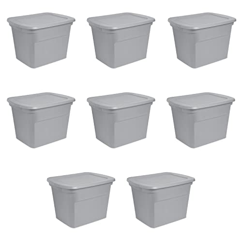 Sterilite 18 Gal Storage Tote, Stackable Bin with Lid, Plastic Container to Organize Clothes in Closet, Basement, Gray Base and Lid, 8-Pack